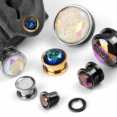 Rainbow Gemmed Screw Back Plugs | Gauges