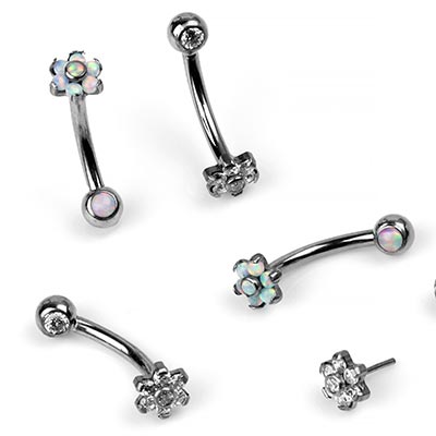 Titanium Flower Curved Barbell With Crystal Dangle